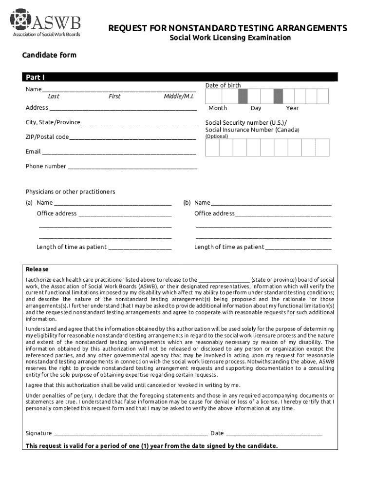 Fillable Online REQUEST FOR NONSTANDARD TESTING ARRANGEMENTS Social ...