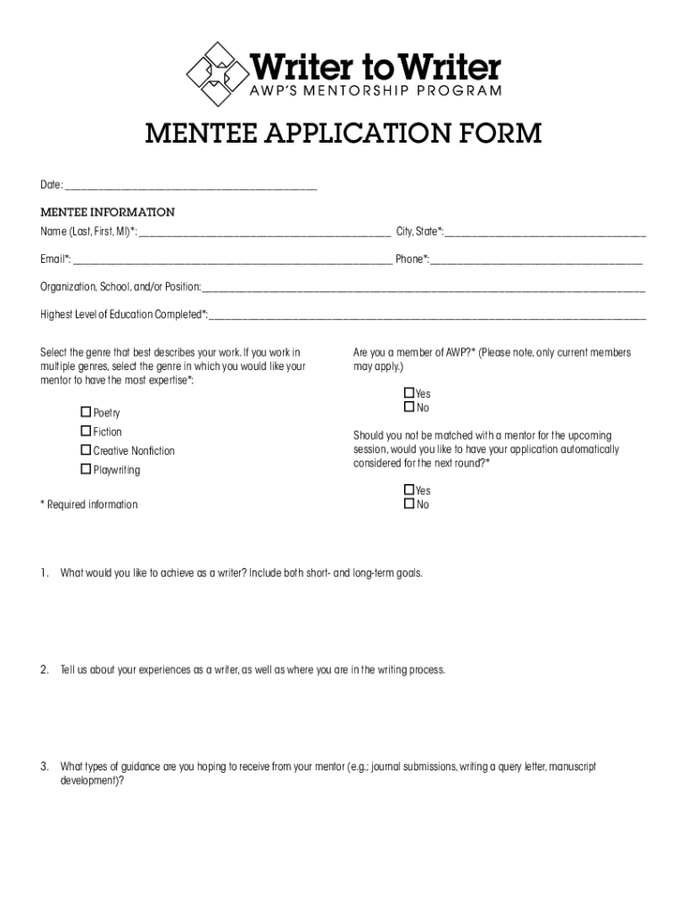 Fillable Online Fillable Online awpwriter MENTEE APPLICATION FORM ... Fax Email Print - pdfFiller