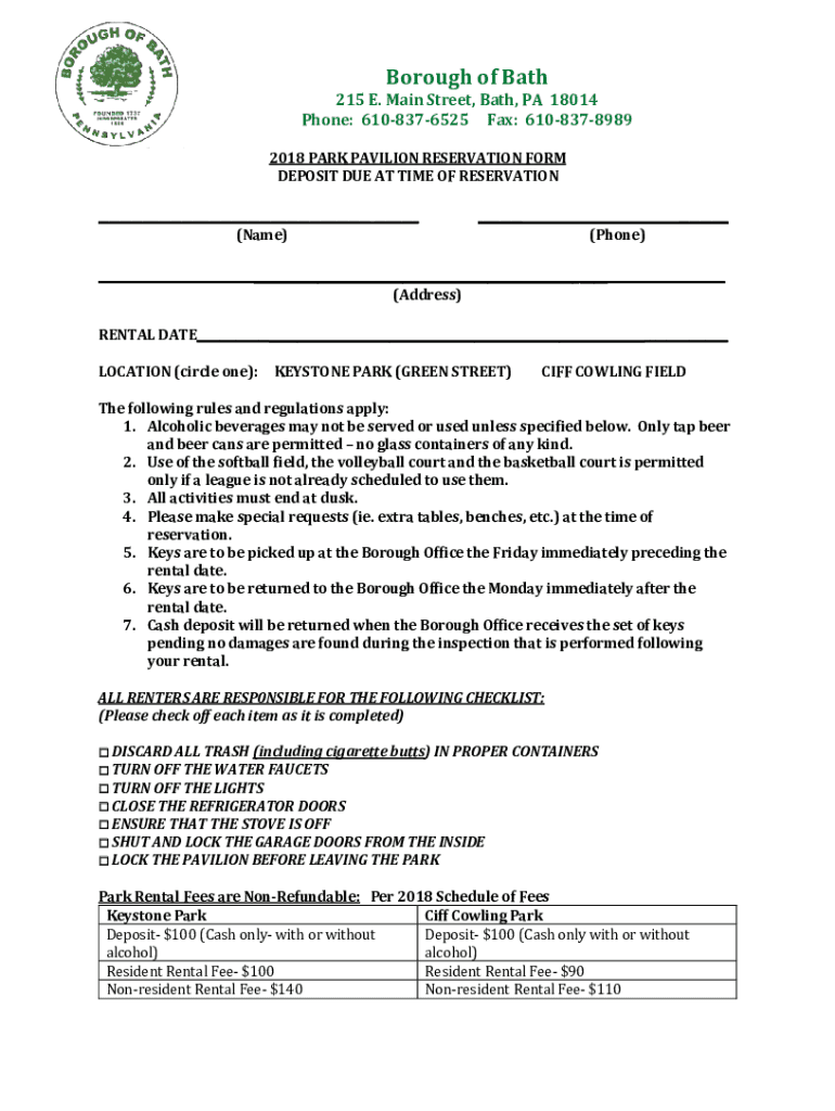 Fillable Online Standard Pavilion and Athletic Facility Reservation ...