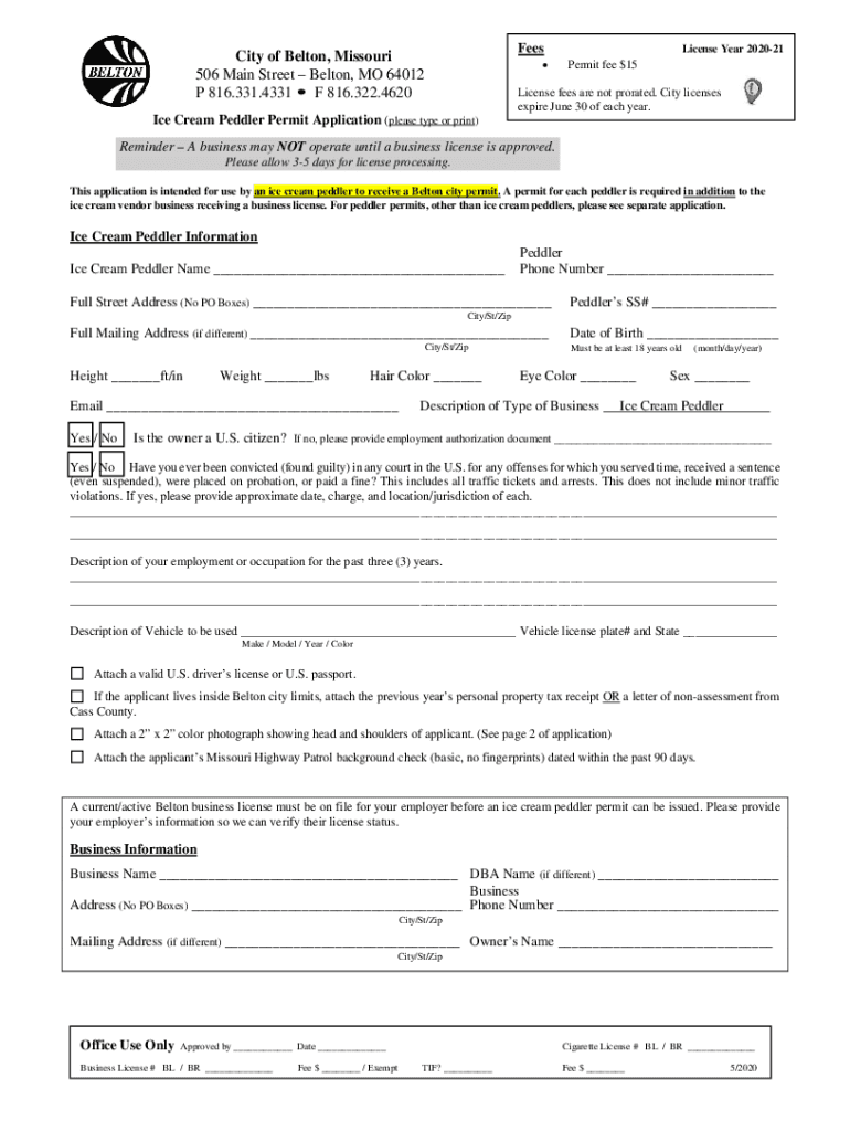 Fillable Online City of Belton, Missouri Fees License Year 20 20-21 506 ...