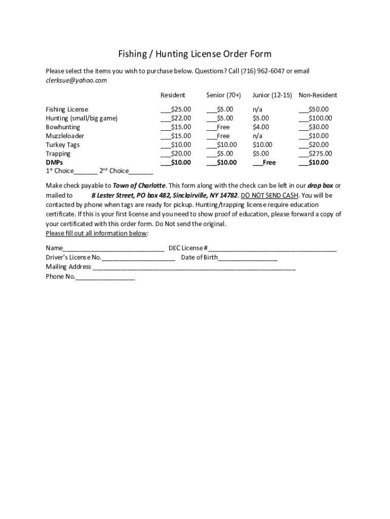 Fillable Online Fishing / Hunting License Order Form Fax Email Print ...