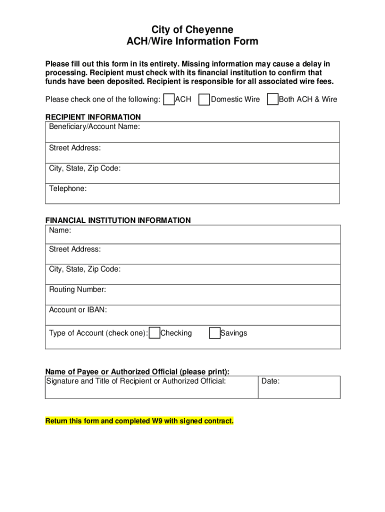Fillable Online City of Cheyenne ACH/Wire Information Form Fax Email ...