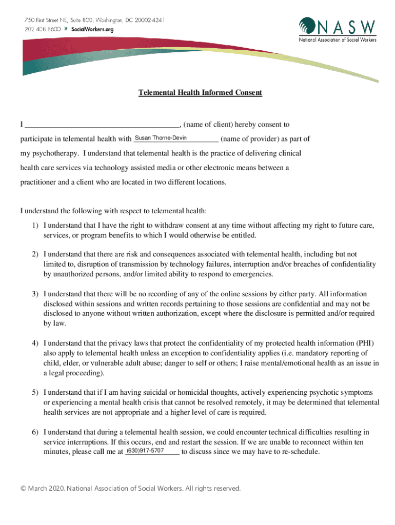 Fillable Online WWCC Counseling Telemental Health Informed Consent Fax ...