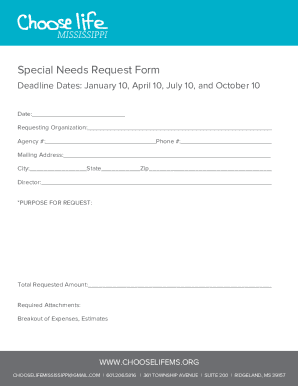 Fillable Online Special Needs Request Form - Choose Life Mississippi ...