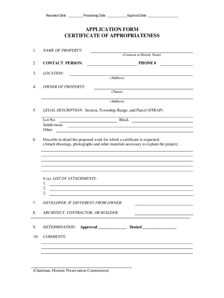 Fillable Online CoA Application Number: Certificate of Appropriateness ...