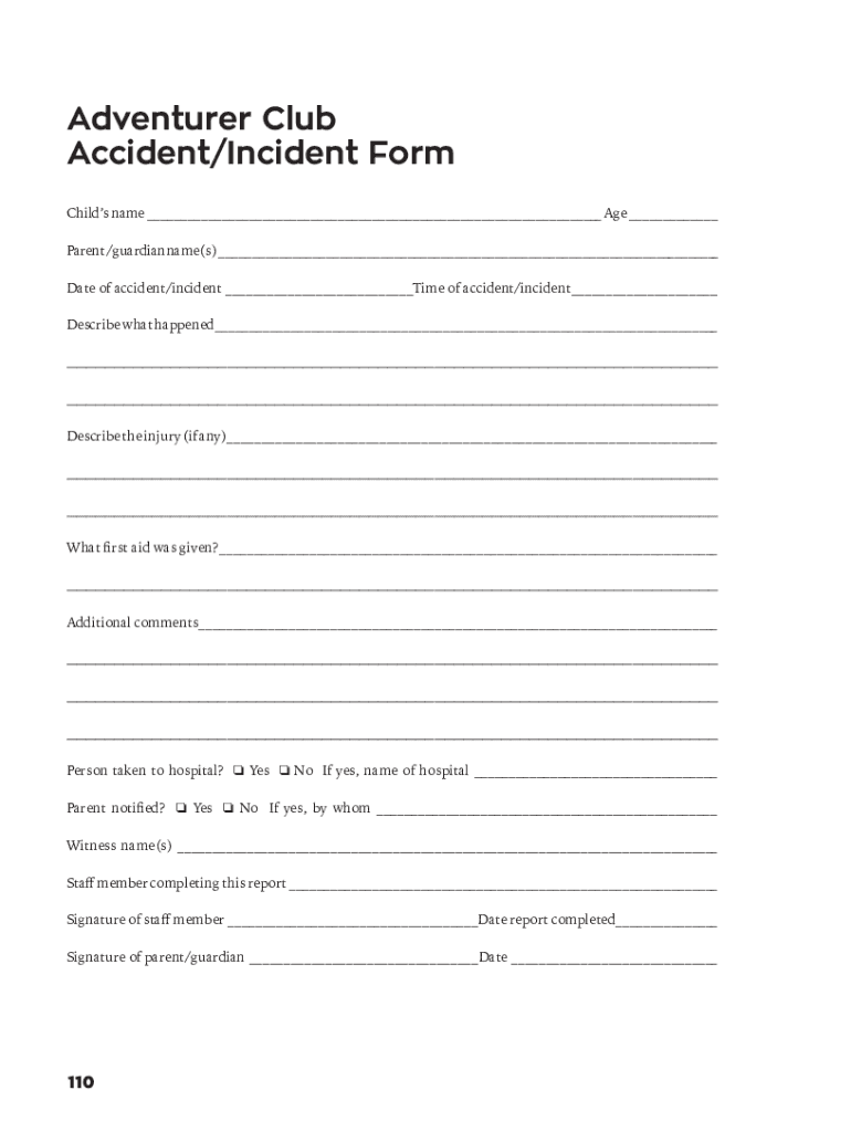 Fillable Online Adventurer Club Accident/Incident Form Fax Email Print ...