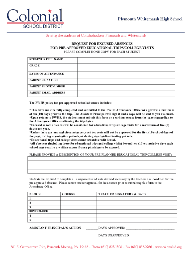 Fillable Online PWHS Request for Excused Absences. Used for pre ...