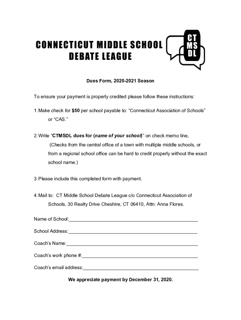 Fillable Online $50 per school payable to: Connecticut Association of ...