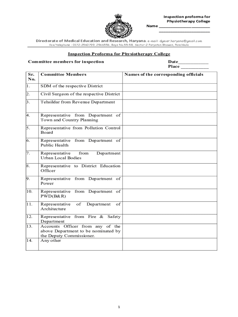 Fillable Online Inspection Proforma for PhysiotherapyCollege.docx Fax ...