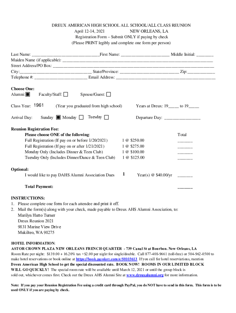Fillable Online All Class/All School Reunion - Dreux American High ...