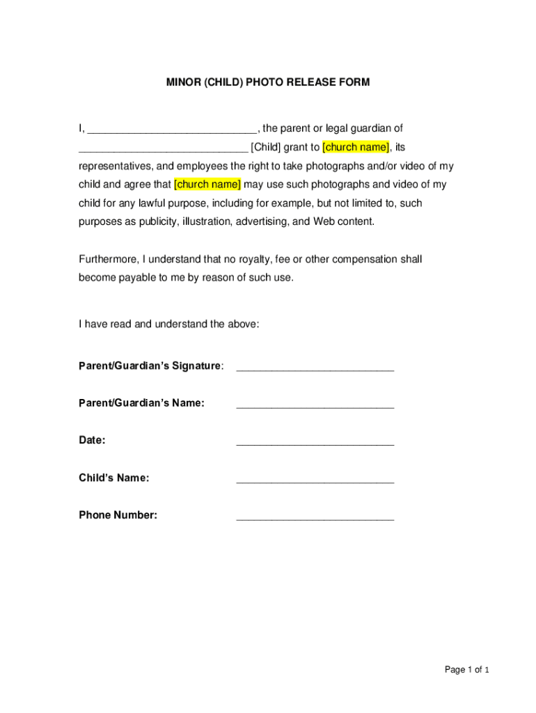Fillable Online Free Minor (Child) Photo Release Form ...