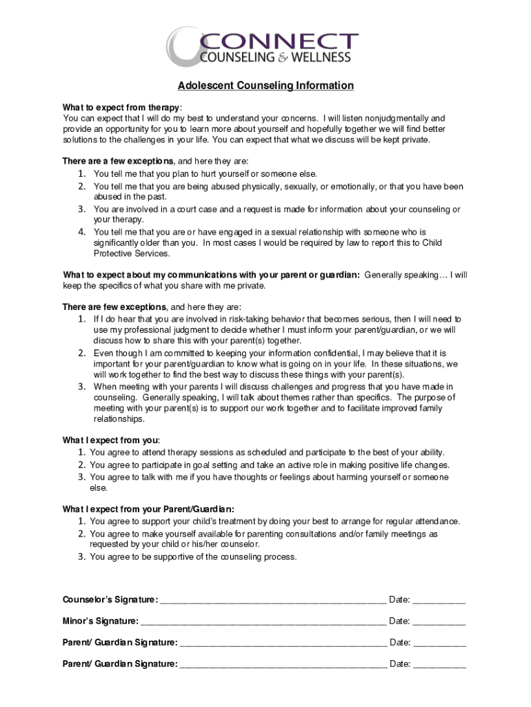Fillable Online Adolescent Counseling Agreement What to expect from ...