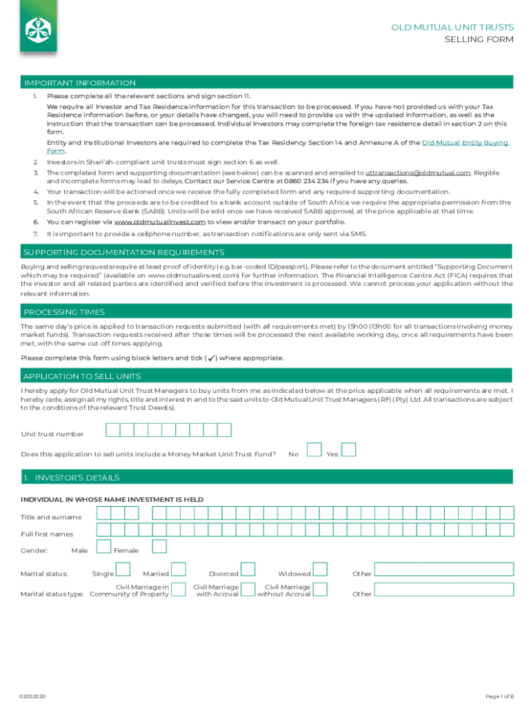 2020-2025 ZA Old Mutual Unit Trusts Selling Form Fill Online, Printable ...