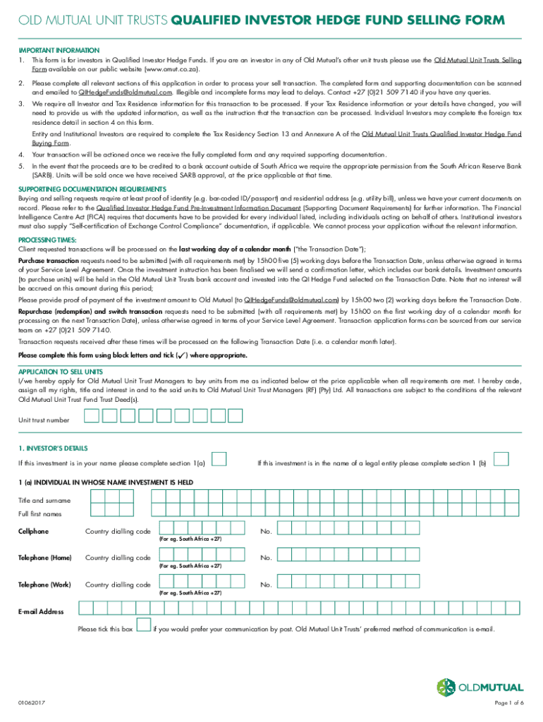 Fillable Online OLD MUTUAL UNIT TRUSTS QUALIFIED INVESTOR HEDGE FUND ...