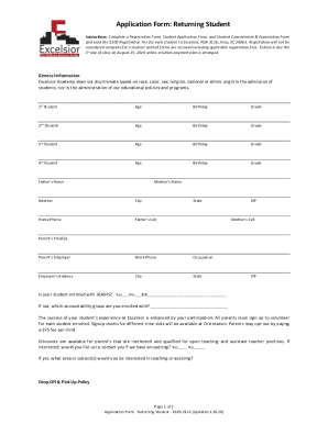 Fillable Online Application Form: Returning Student - Excelsior Academy ...