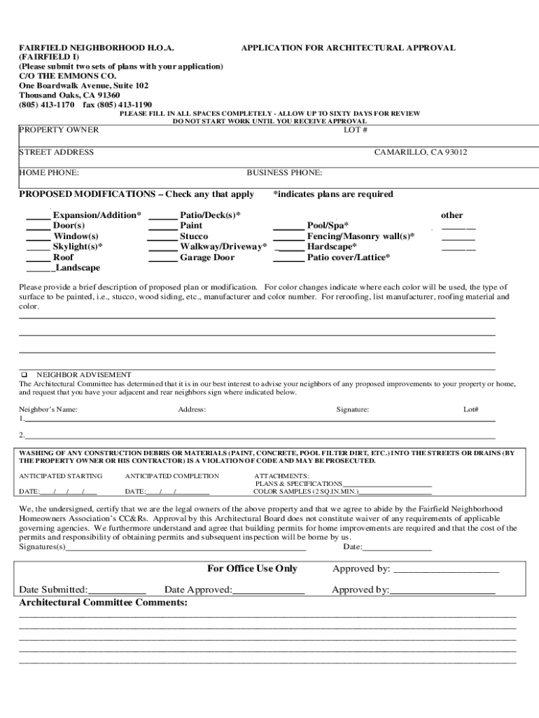 Fillable Online FAIRFIELD NEIGHBORHOOD H.O.A. APPLICATION FOR ...