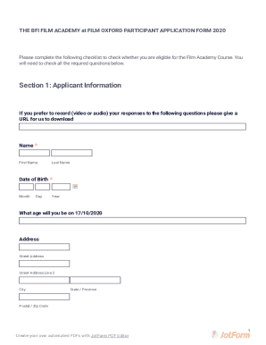 Fillable Online THE BFI FILM ACADEMY PARTICIPANT APPLICATION FORM 2020 ...