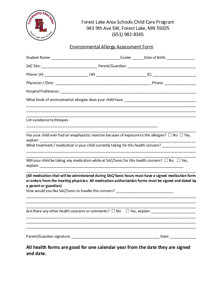 Fillable Online Environmental Allergy Assessment Form Fax Email Print ...