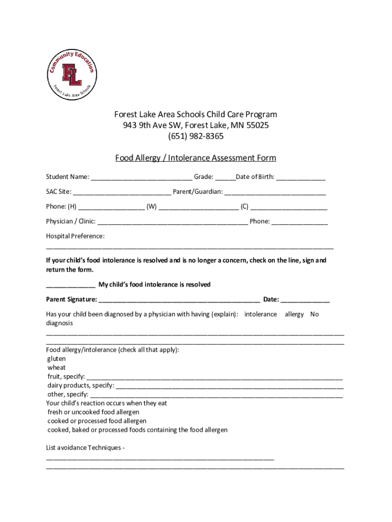 Fillable Online Food Allergy / Intolerance Assessment Form Fax Email Print - pdfFiller