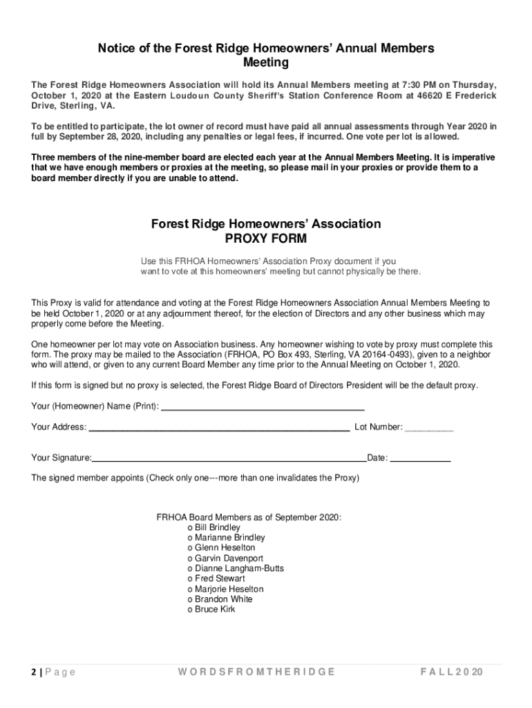 Fillable Online Forest Ridge Homeowners Association PROXY FORM Fax ...