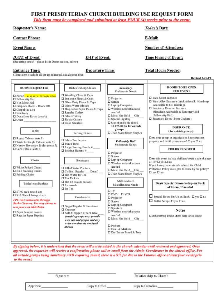 Fillable Online FIRST PRESBYTERIAN CHURCH BUILDING USE REQUEST FORM Fax ...