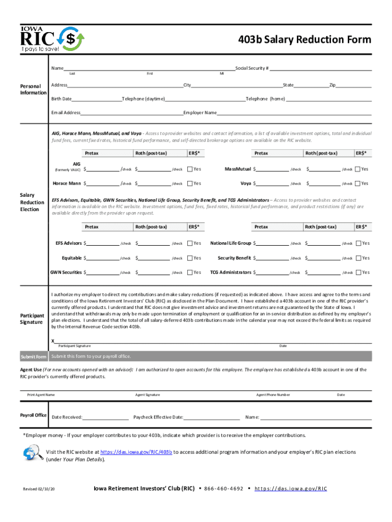 Fillable Online 403(b) SALARY REDUCTION AGREEMENT FORM 403(b)What Is a ...