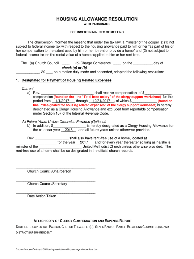 Fillable Online SAMPLE HOUSING ALLOWANCE RESOLUTION Fax Email Print - pdfFiller