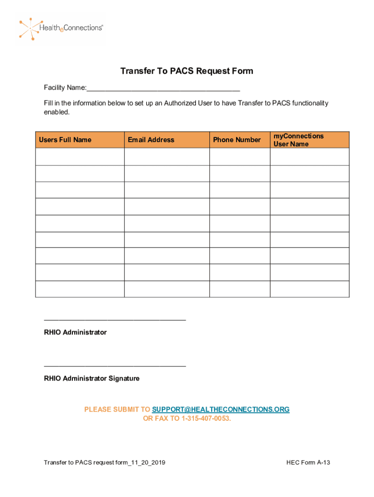Fillable Online Transfer To PACS Request Form - HealtheConnections Fax ...