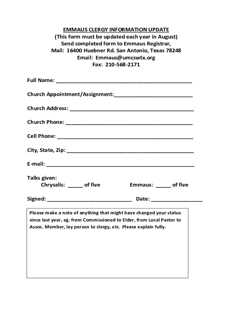 Fillable Online Emmaus Clergy Update Fax Email Print - pdfFiller