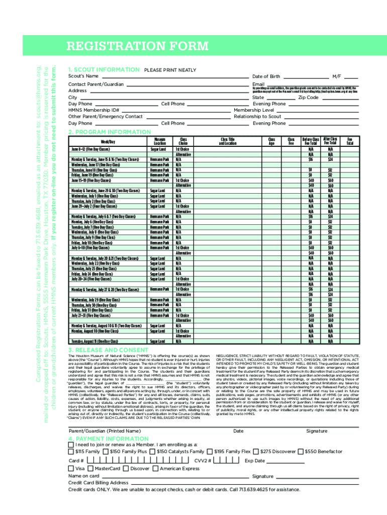 Fillable Online SCOUT REGISTRATION FORM - hmns.org Fax Email Print ...