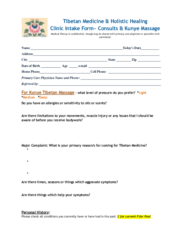 Fillable Online Tibetan Medicine & Holistic Healing Clinic Intake Form ...