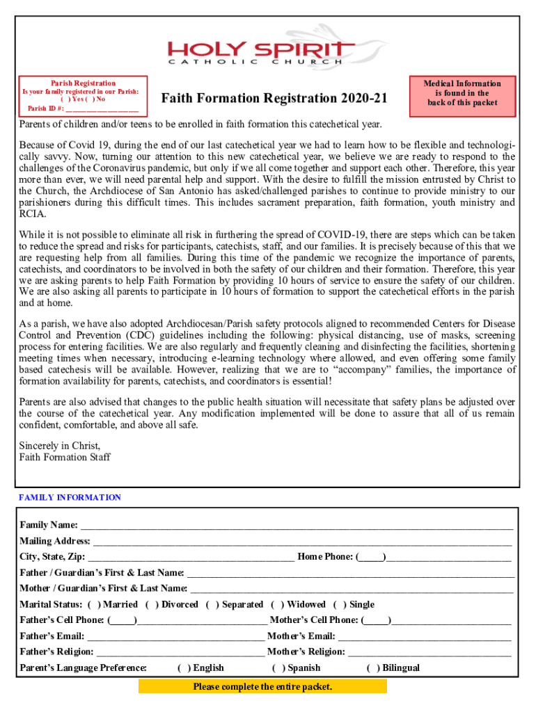 Fillable Online 2021-22 Faith Formation Registration Information Sheet ...