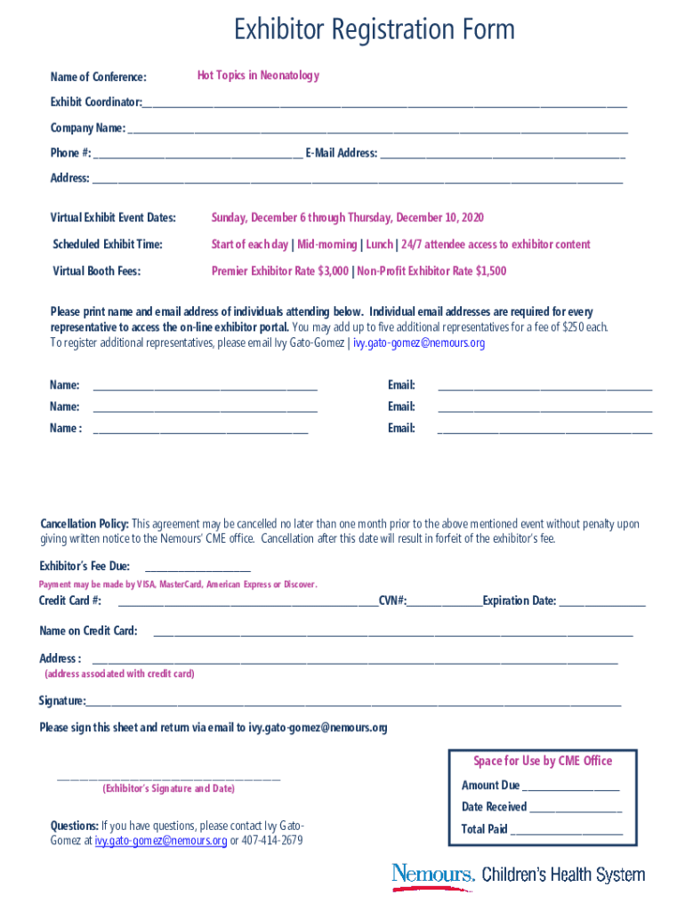 Fillable Online Exhibitor Registration Form - Hot Topics in Neonatology Fax Email Print - pdfFiller