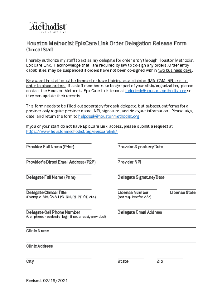 Fillable Online Houston Methodist EpicCare Link Order Delegation ...