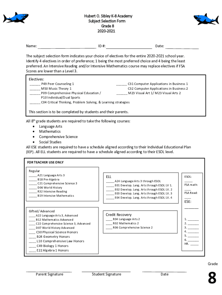 Fillable Online Hubert O. Sibley K-8 Academy Subject Selection Form ...