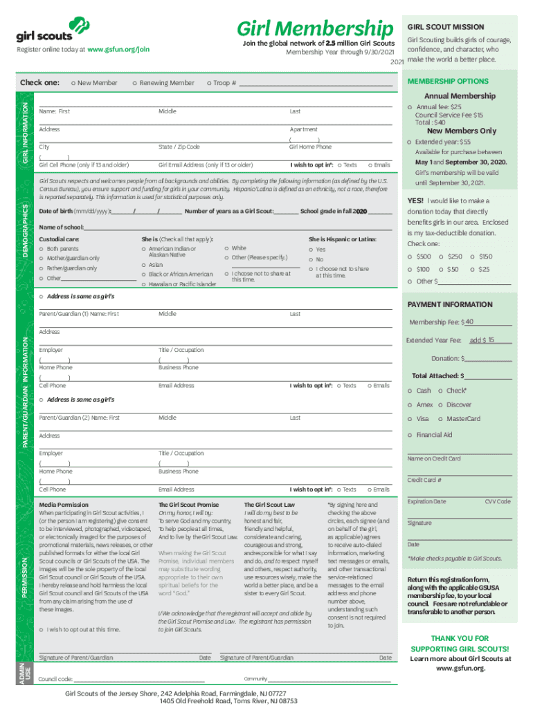 Fillable Online 2021 Girl Registration Form. Use this registration form ...