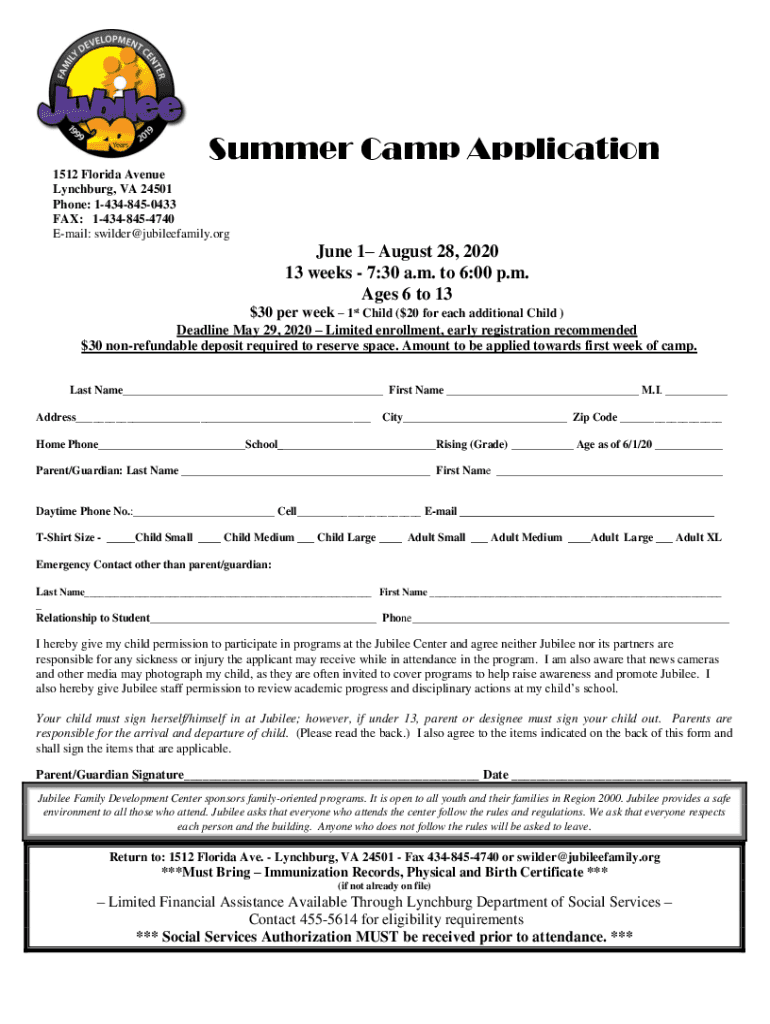 Fillable Online Summer Camp Application - Jubilee Family Fax Email Print - pdfFiller