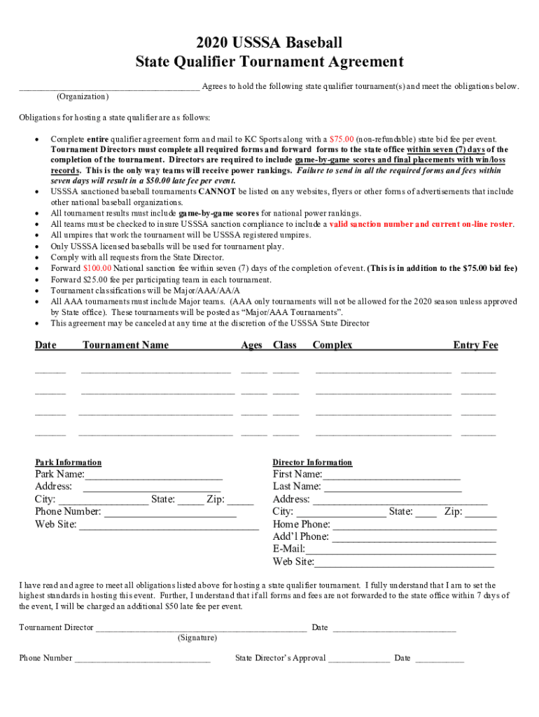 Fillable Online USSSA STATE QUALIFYING TOURNAMENT AGREEMENT HOST ...