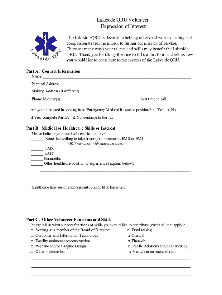 Fillable Online Volunteer Expression of Interest Form - Lakeside QRU Fax Email Print - pdfFiller