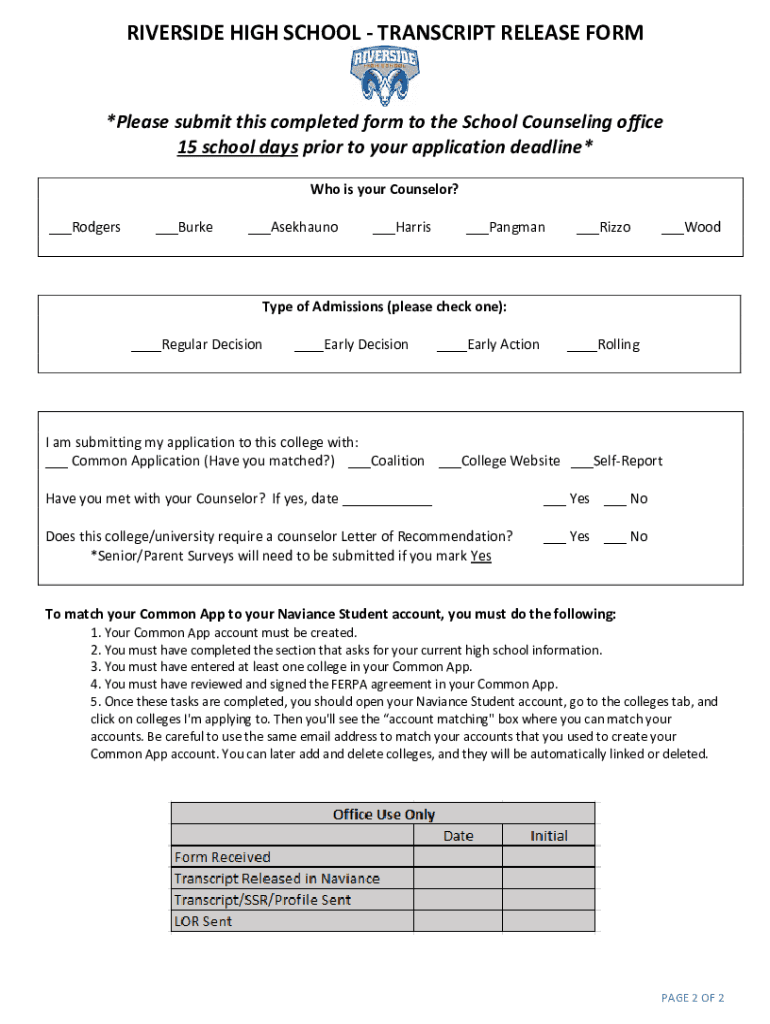 Fillable Online RIVERSIDE HIGH SCHOOL - TRANSCRIPT RELEASE FORM Fax Email Print - pdfFiller