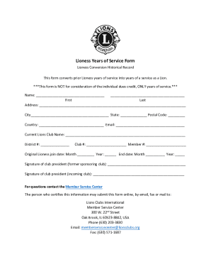 Fillable Online Lioness Years of Service Form Fax Email Print - pdfFiller