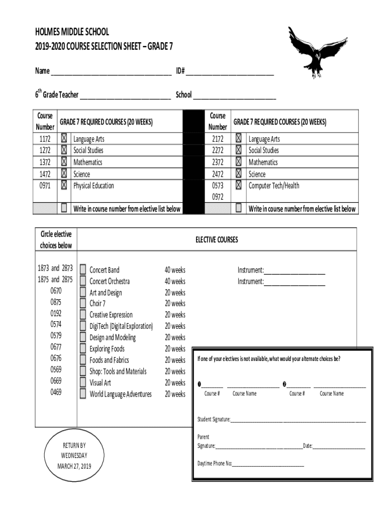 Fillable Online HOLMES MIDDLE SCHOOL 2019-2020 COURSE SELECTION SHEET ...