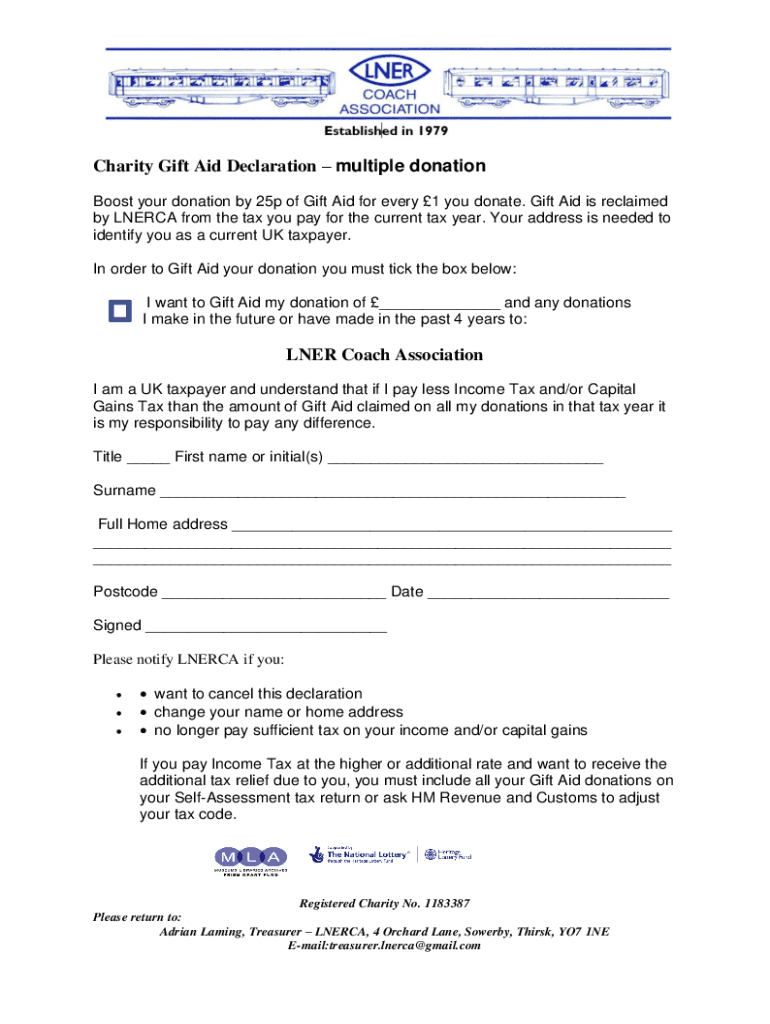 Fillable Online Charity Gift Aid Declaration multiple donation - LNERCA ...