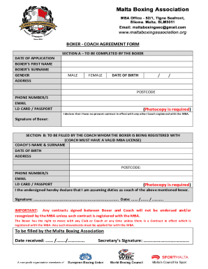 Fillable Online COACH-BOXER AGREEMENT FORM Fax Email Print - pdfFiller