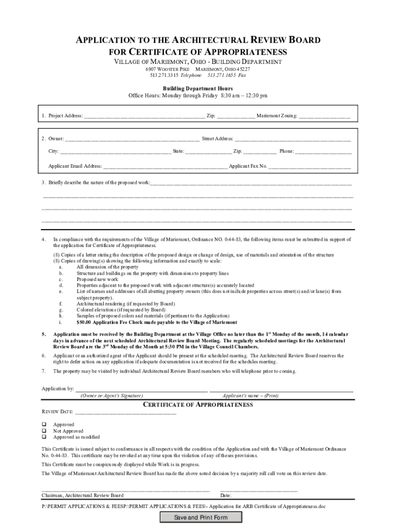 Fillable Online - Application for ARB Certificate of Appropriateness ...