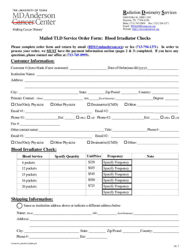 Fillable Online rds mdanderson Mailed TLD Service Order Form: Therapy ... - mdanderson.org Fax ...