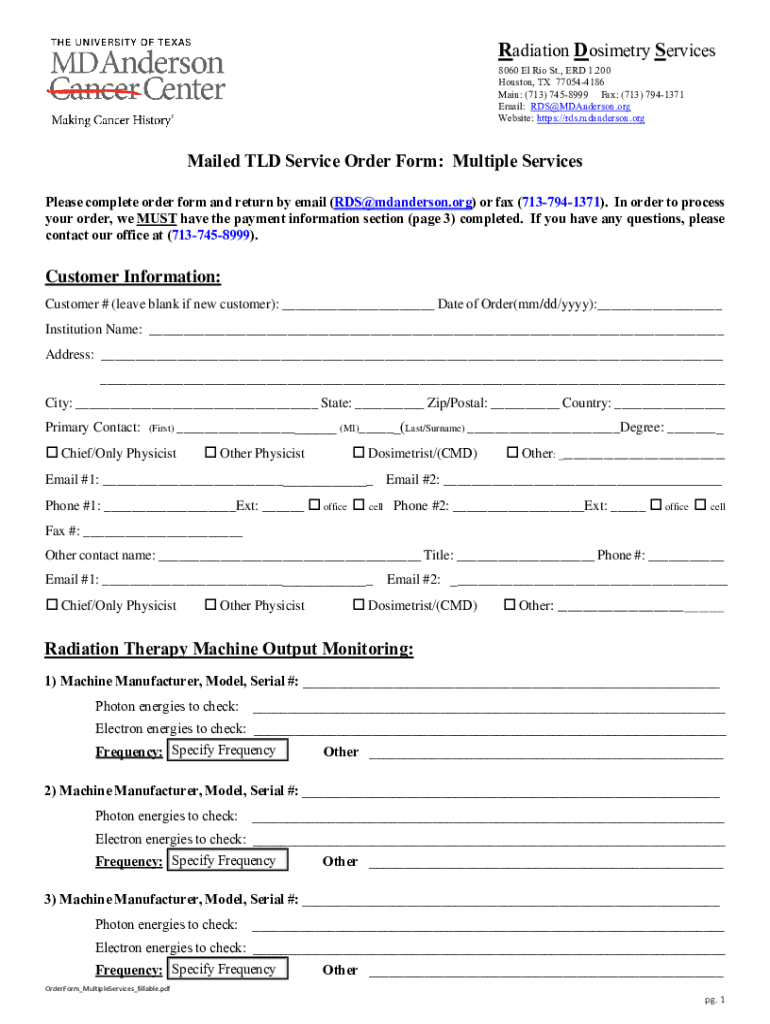 Fillable Online rds mdanderson Mailed TLD Service Order Form Fax Email Print - pdfFiller