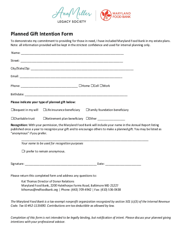 Fillable Online Maryland Food Bank planned giving intention form Fax ...