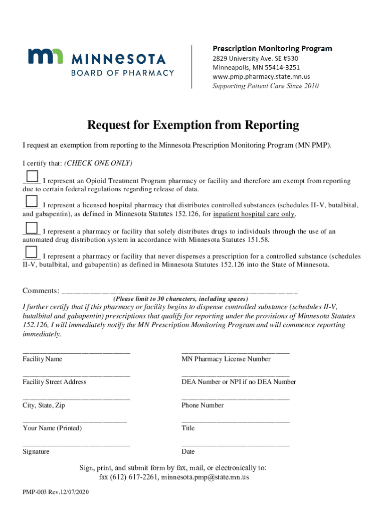 Fillable Online Request for Exemption from Reporting - pmp.pharmacy ...