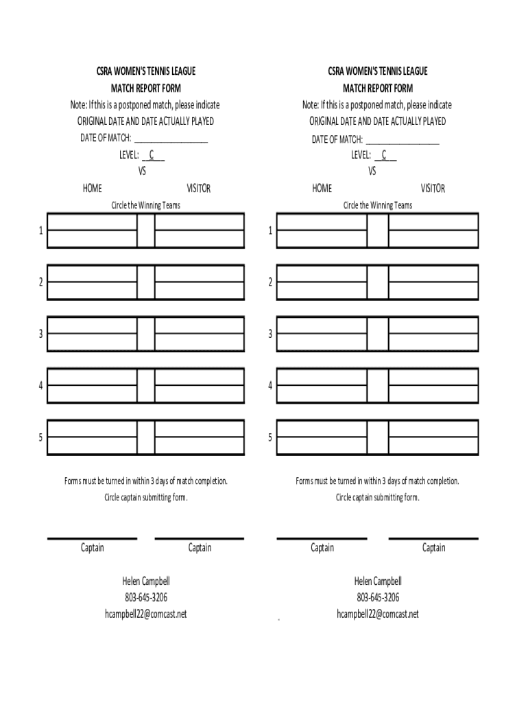 Fillable Online CSRA WOMENS TENNIS LEAGUE MATCH REPORT FORM Note: If ...